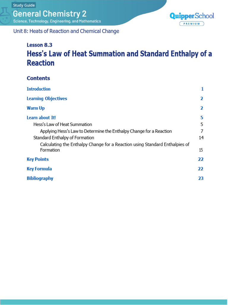 GC2 Q4W3 Quipper Study Guide Hesss Law of Heat Summation and Standard ...