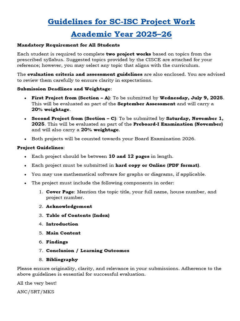 ISC Project Work Guidelines 2025 | PDF