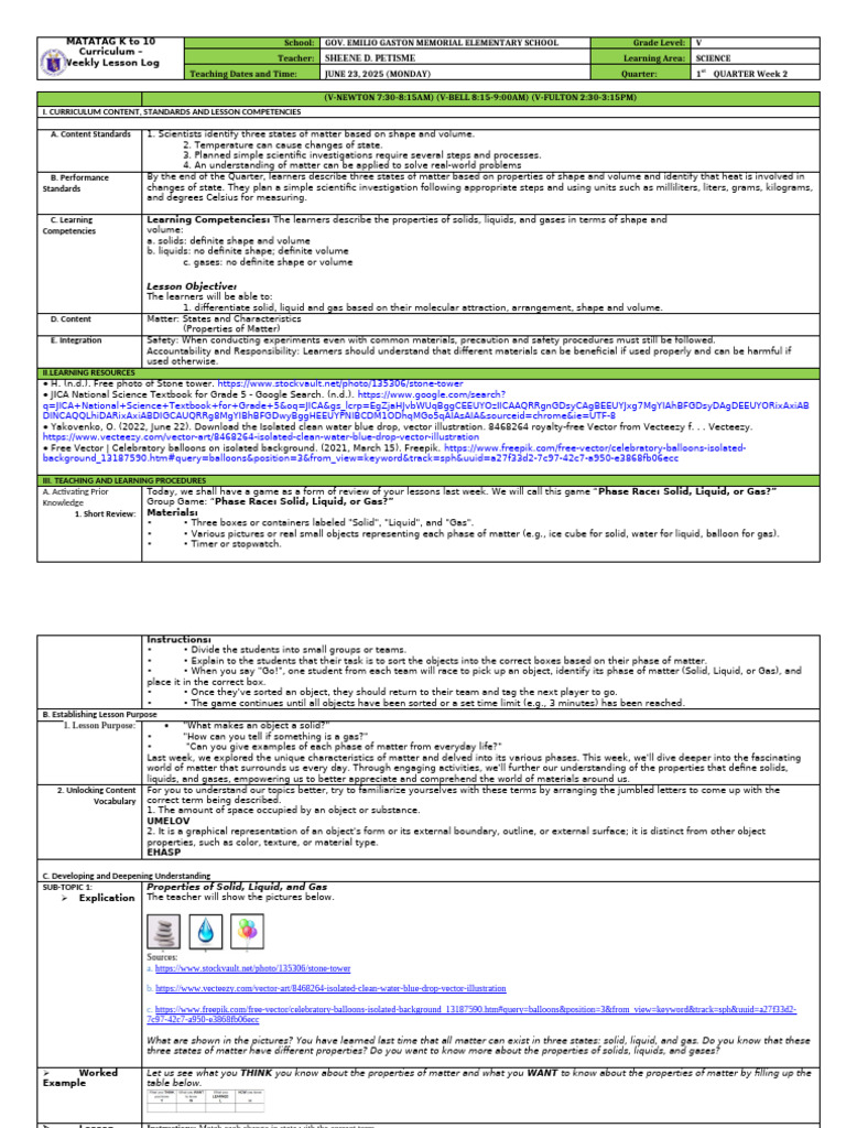 Grade 5 Science: States of Matter Lesson | PDF | Matter | Liquids