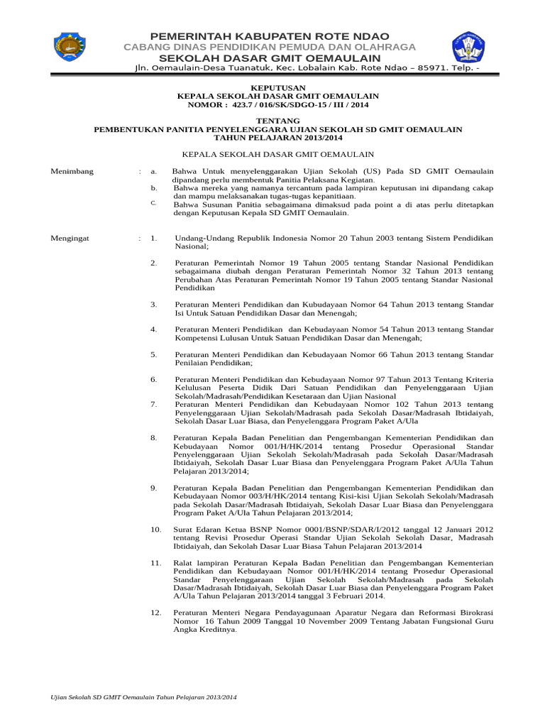 SK Panitia Ujian Sekolah SD Gmit Oemaulain 2013 2014 1 | PDF
