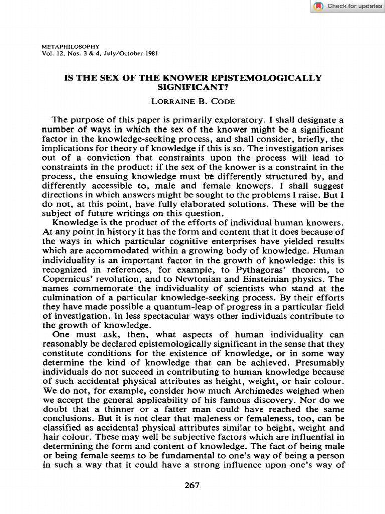 Code - IS THE SEX OF THE KNOWER EPISTEMOLOGICALLY SIGNIFICANT | PDF | Knowledge | Epistemology
