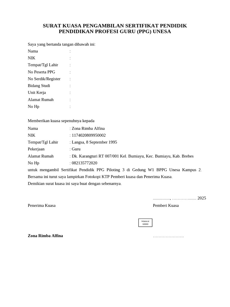 Surat Kuasa Pengambilan Serdik Unesa | PDF