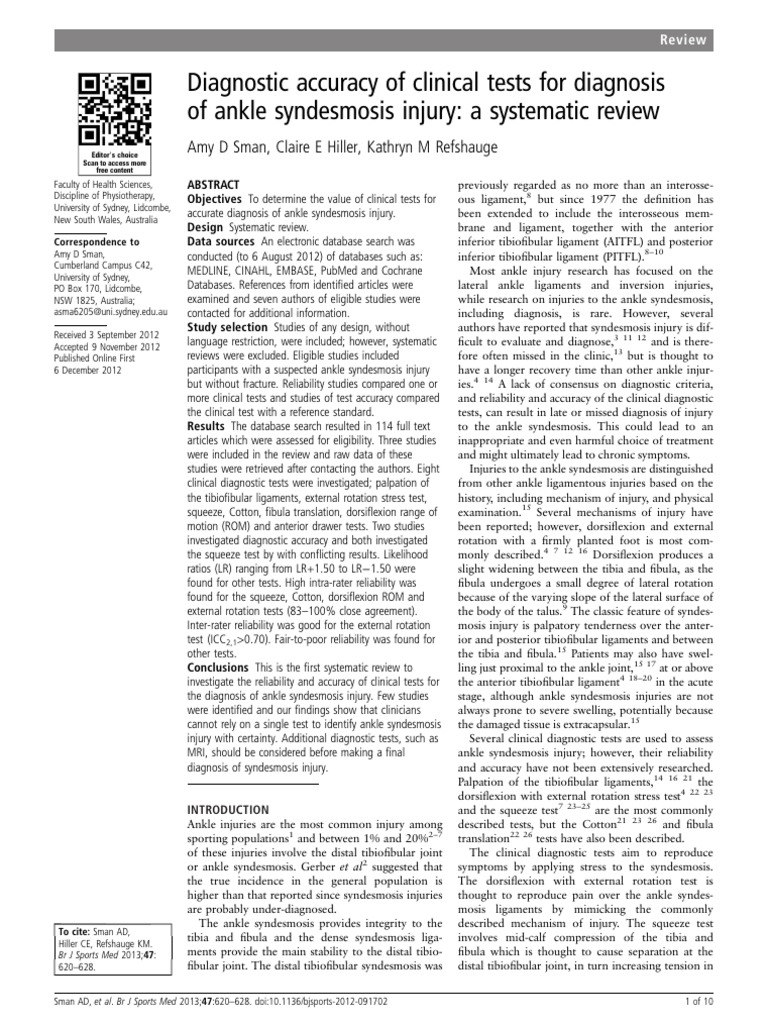 Clinical Tests for Ankle Syndesmosis | PDF | Ankle | Sensitivity And ...