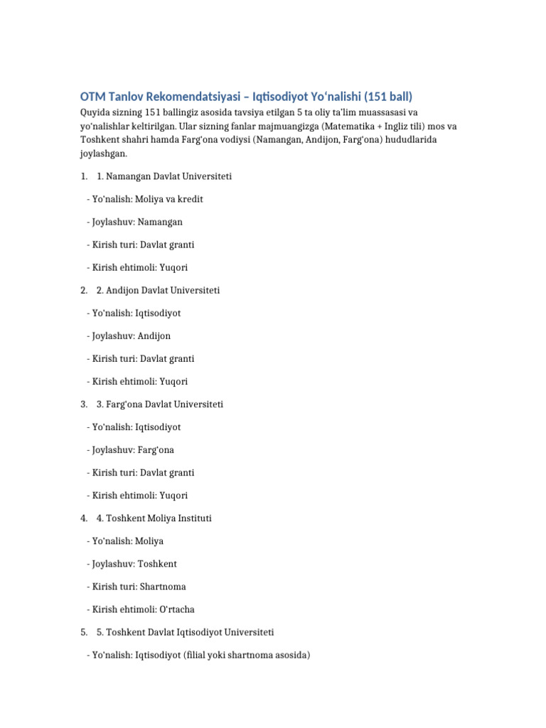 Iqtisodiyot OTM Tanlov 151ball | PDF