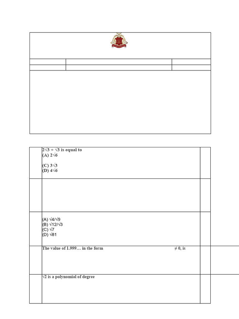 Grade IX Mathematics Practice Paper | PDF | Arithmetic | Mathematics
