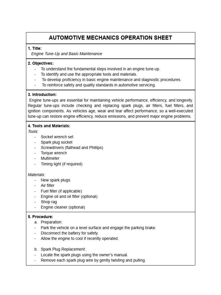Automotive Mechanics Operation Sheet. | PDF | Engines | Auto Mechanic
