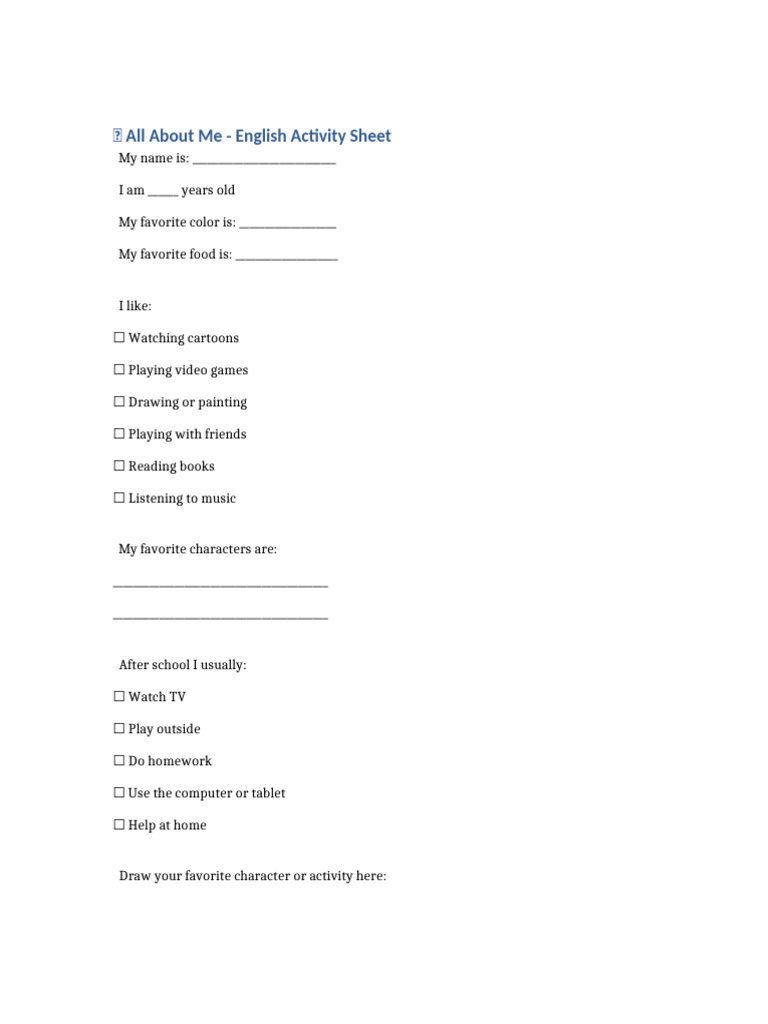 All About Me English Activity Sheet | PDF