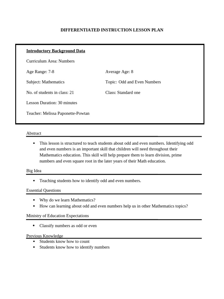 Odd and Even Numbers Lesson | PDF | Mathematics | Differentiated ...
