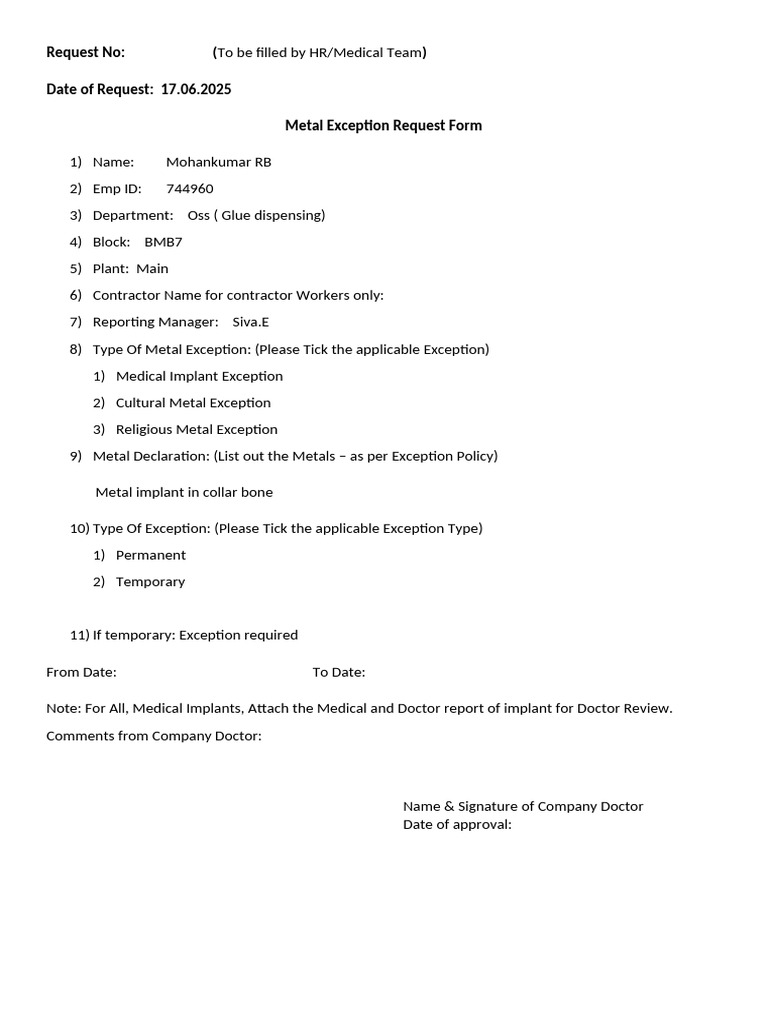 Metal Exception Request Form Template | PDF