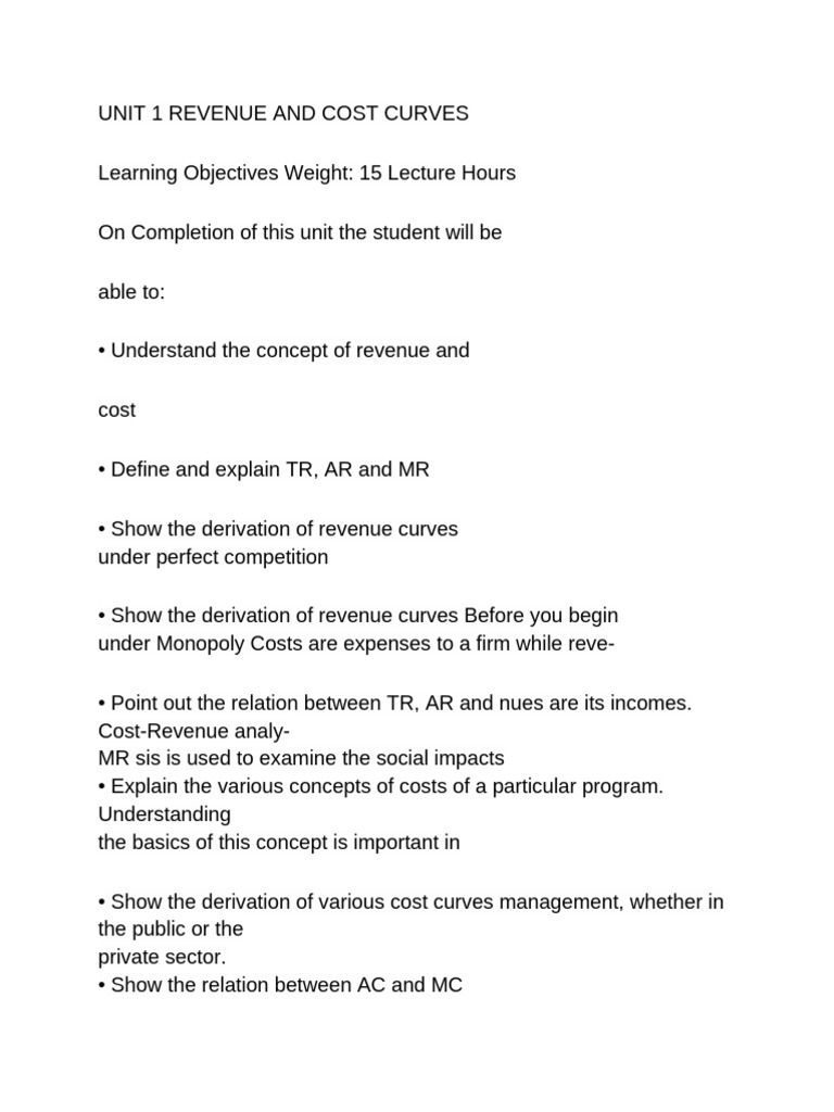 Unit 1 Revenue and Cost Curves | PDF