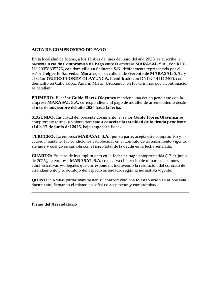 Acta de Compromiso de Pago | PDF