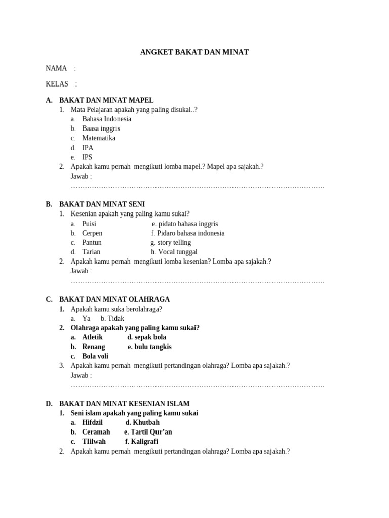 Angket Bakat dan Minat Siswa | PDF