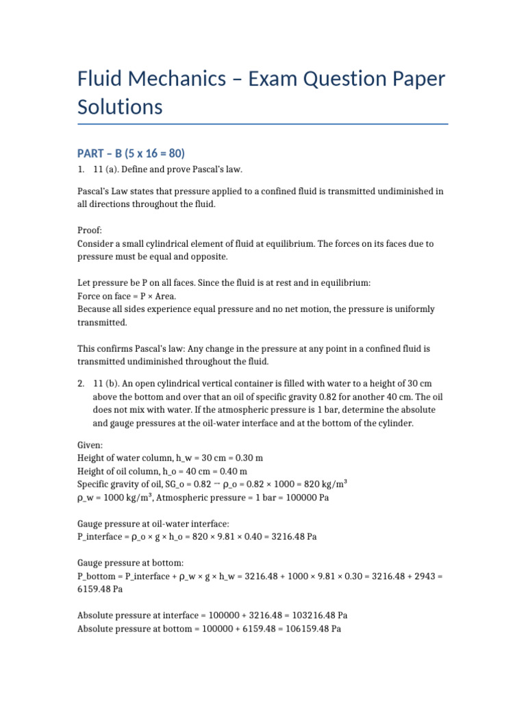 Fluid Mechanics Exam Part B Q11 Solution | PDF