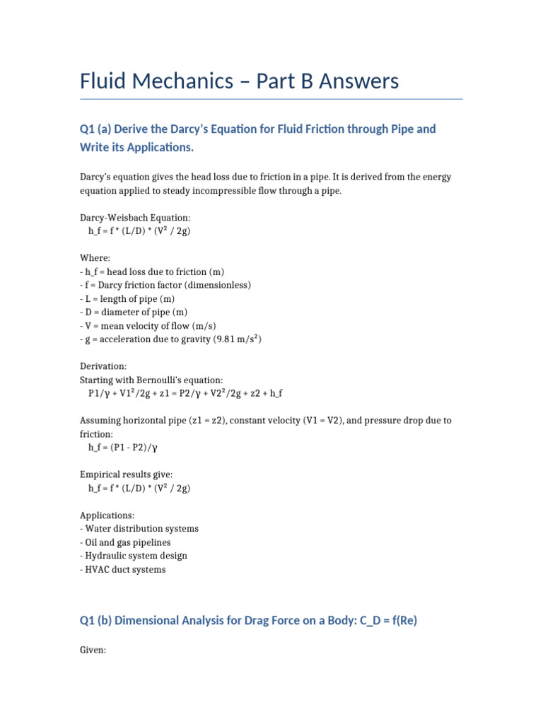 Fluid Mechanics PartB Answers | PDF | Continuum Mechanics | Fluid Mechanics