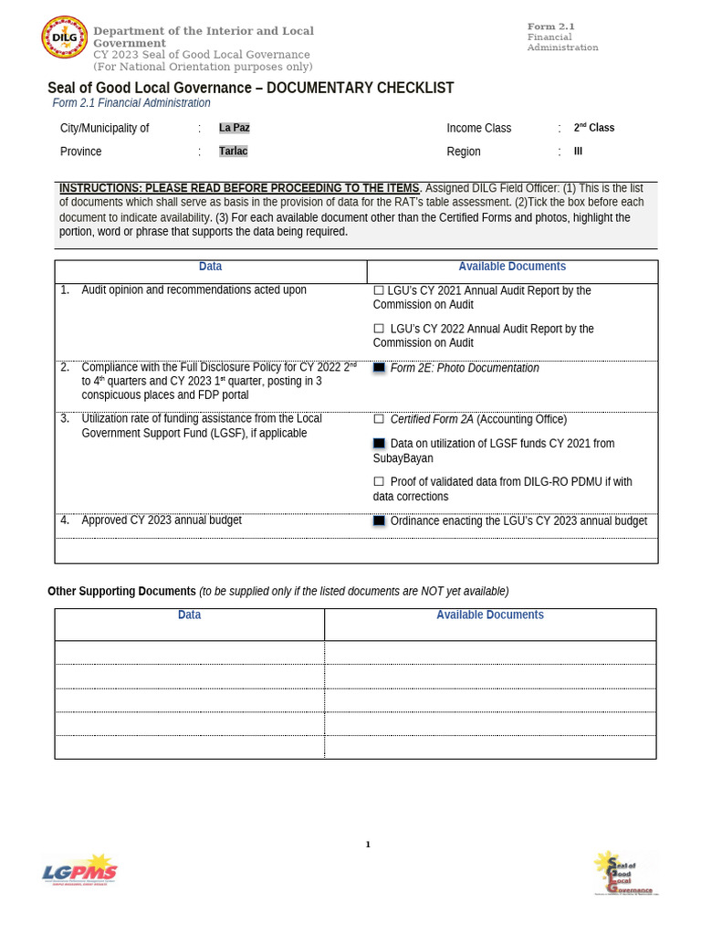 La Paz Mock Draft CM P Form 2.1 2.10 SGLG Documentary Checklist ...