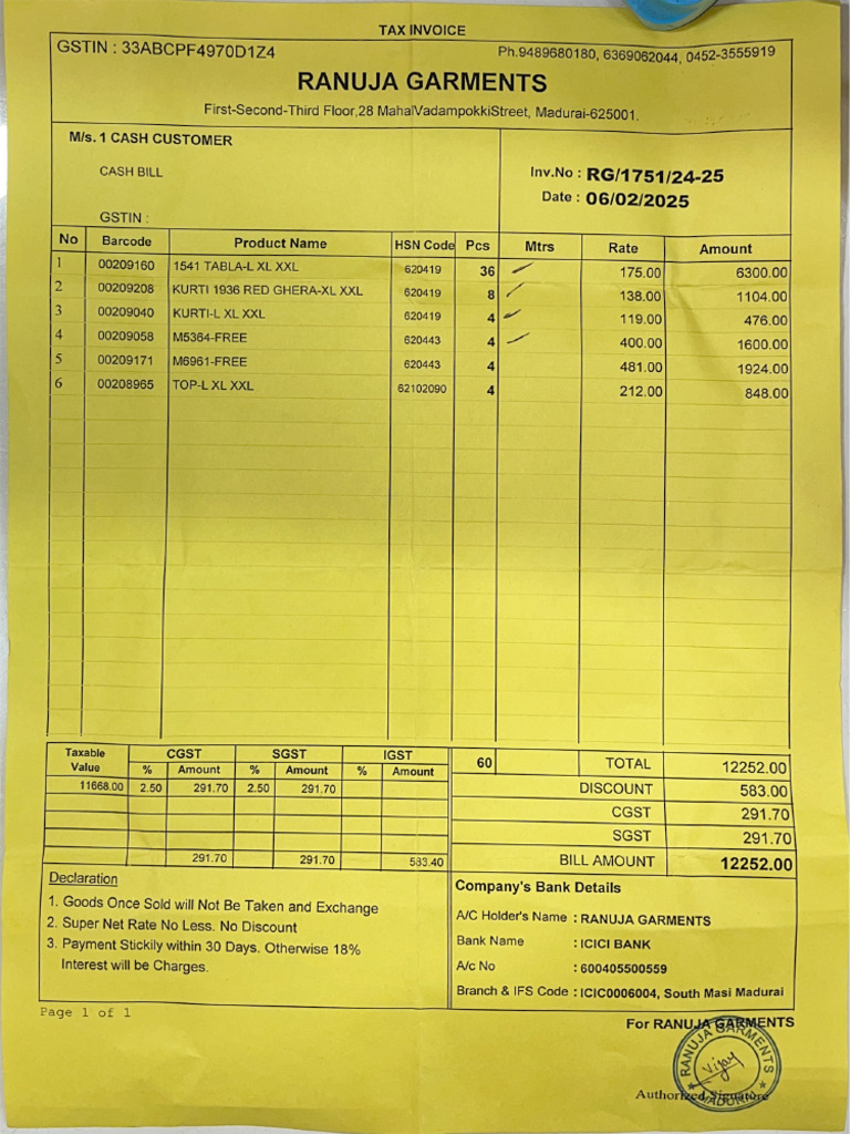 Ranuja Garments Bill | PDF