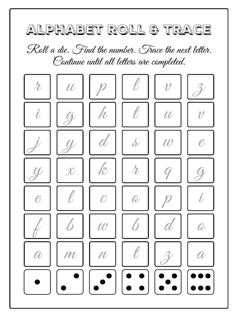 Cursive Alphabet Roll and Trace English Worksheet in Black White Simple ...