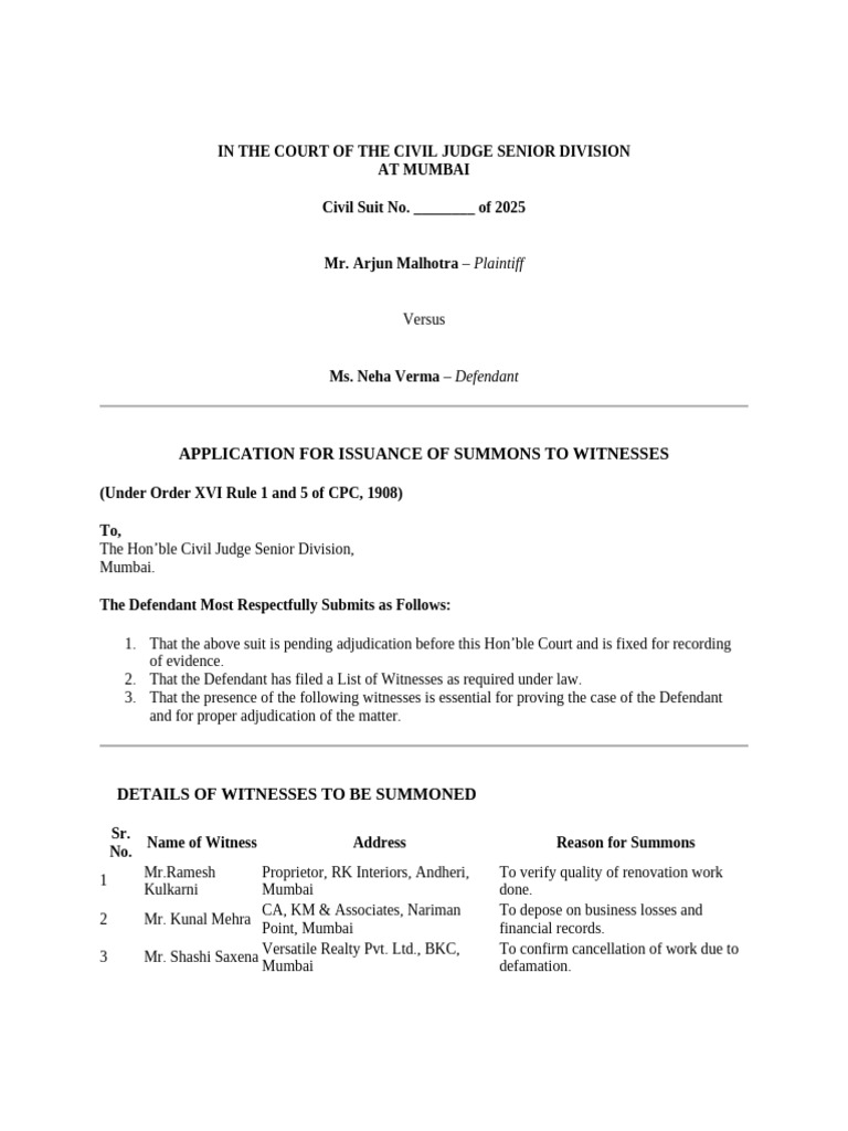 Summons To Witness Format Under Order XVI Rule 1 and Rule 5 of The Civil Procedure Code | PDF ...