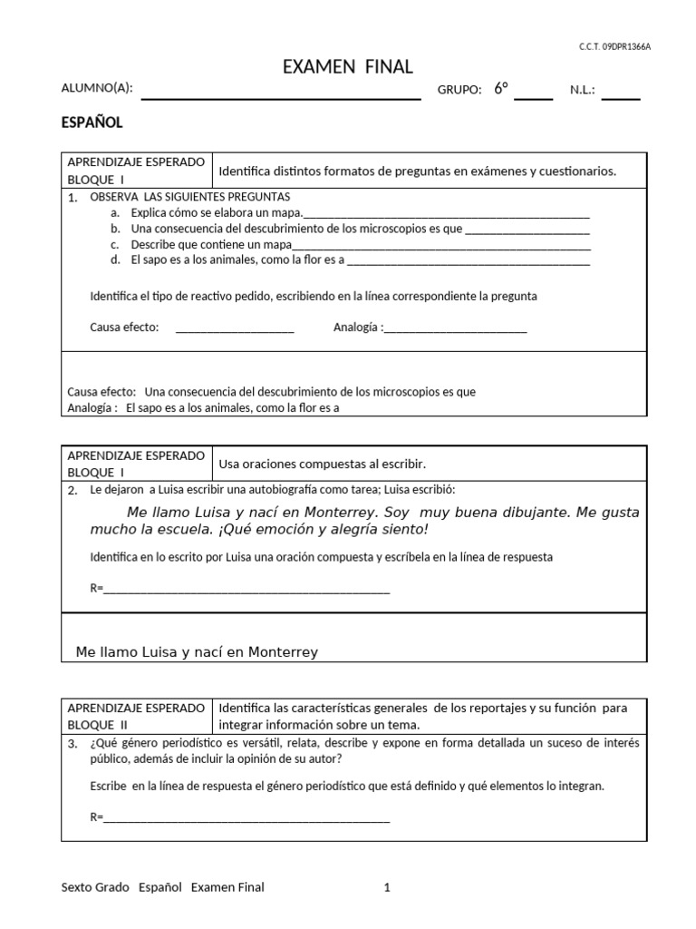 Español Examen Final Sexto Grado | PDF | Lingüística
