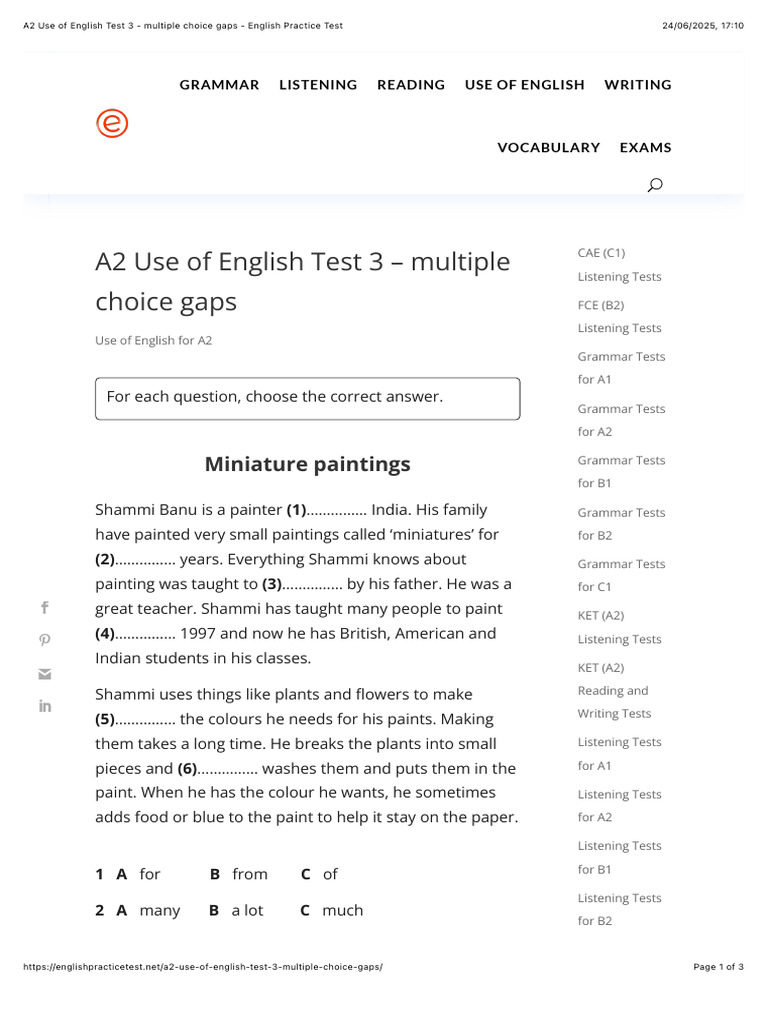 A2 Use of English Test 3 | PDF | Educational Assessment And Evaluation ...