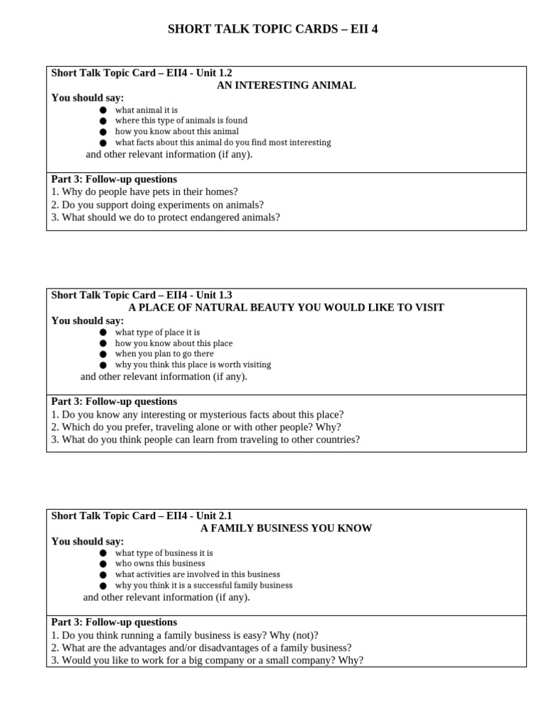 Short Talk Topic Cards for EII 4 | PDF