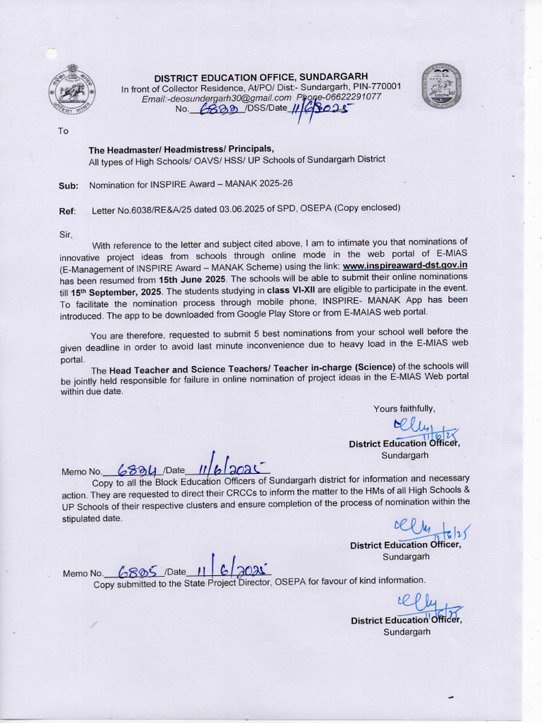 6833 - Nomination of INSPIRE Award - MANAK 2025-26 | PDF