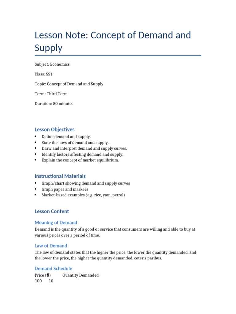 Demand and Supply Concepts for SS1 | PDF | Demand | Supply (Economics)