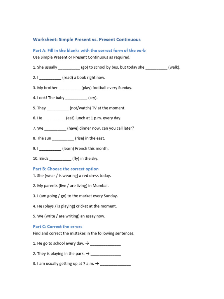 Simple Present Vs Present Continuous Worksheet | PDF