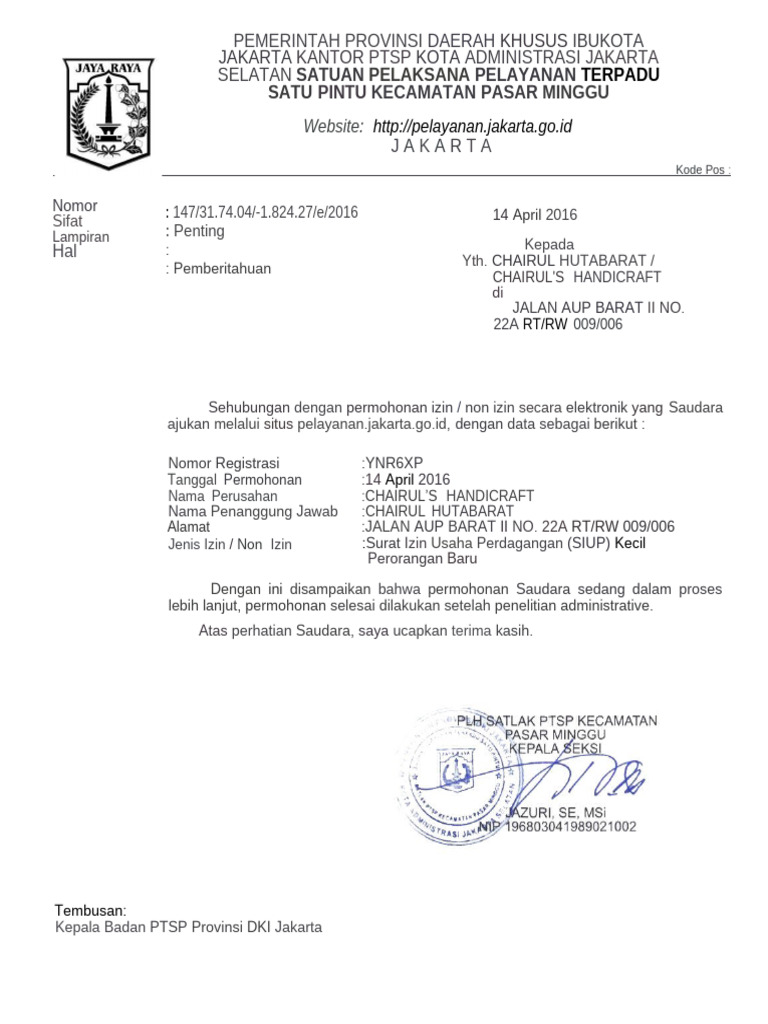 Surat Kecamatan Permohonan Surat Izin Usaha Perdagangan (SIUP) Kecil Perorangan Baru | PDF