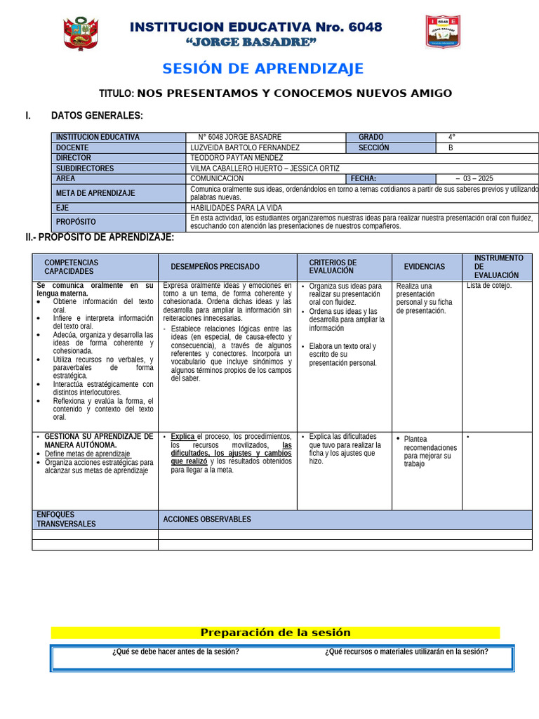 4° Sesión Dia 1 Com Nos Presentamos y Conocemos Nuevos Amigos | PDF ...
