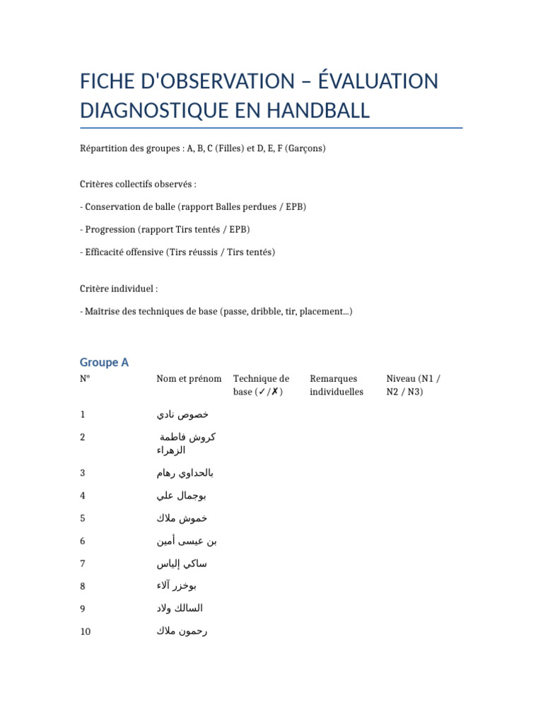 Fiche Observation Eval Diagnostique Handball | PDF