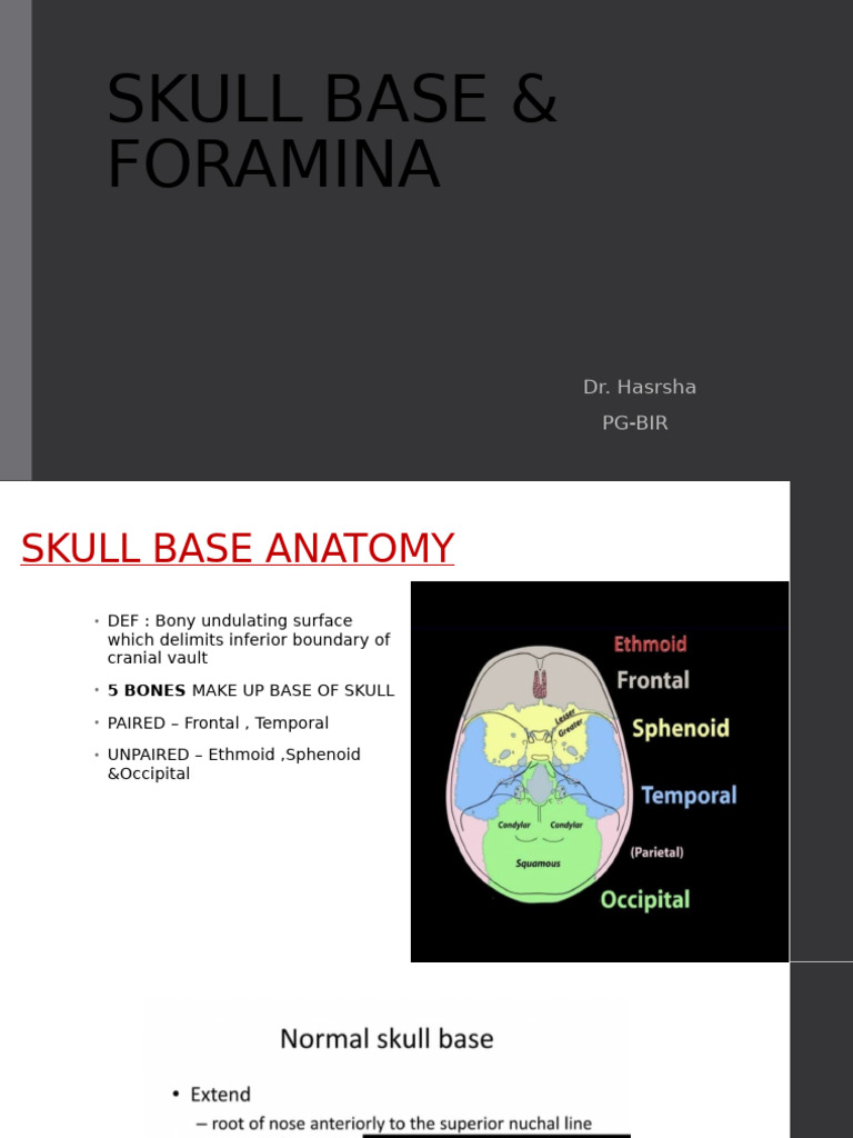 Skull Base & Foramina PPT Harsha | PDF | Human Anatomy | Skull
