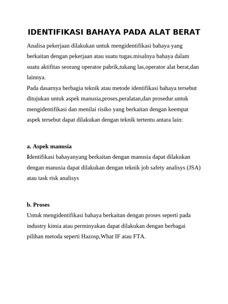 Identifikasi Bahaya Pada Alat Berat | PDF