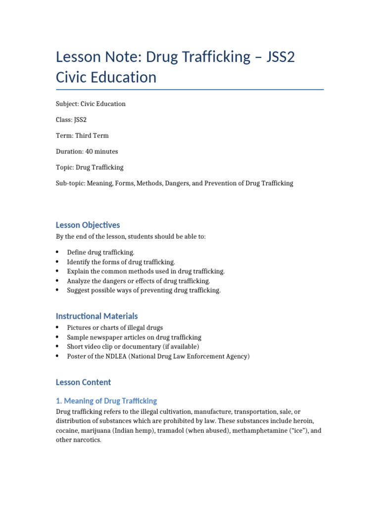 Drug - Trafficking - Lesson - Note - JSS2 Social Studies | PDF ...