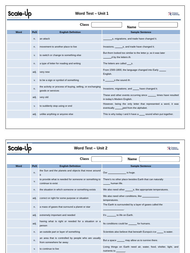 Scale-Up Reading & Writing 2 Word Test | PDF | Earth | Planets