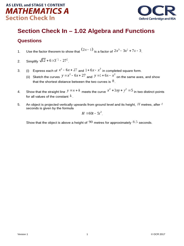 As Checkin 1.02 - v2 Algebra and Functions | PDF | Quadratic Equation | Mathematical Concepts