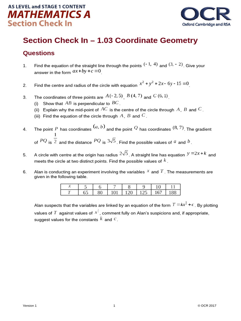 Coordinate Geometry Practice Problems | PDF | Circle | Equations
