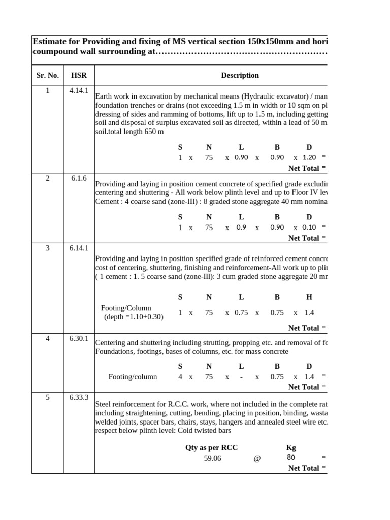 GS Sheet Coumpound Wall Estimate | PDF | Concrete | Screw