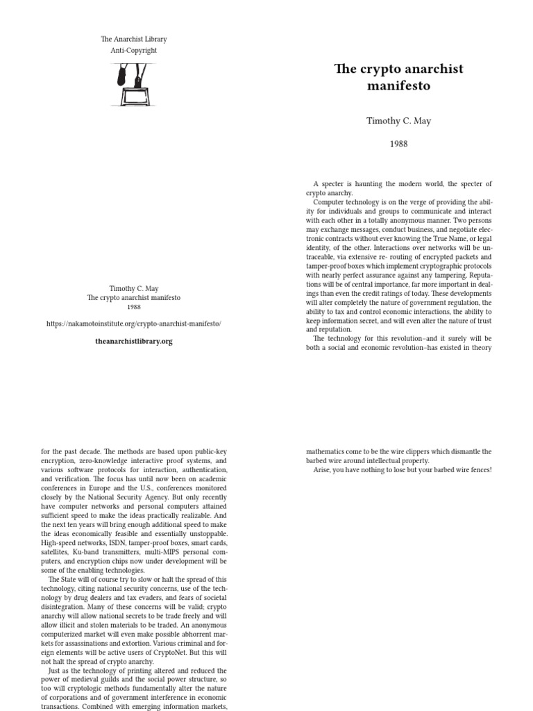 Timothy C May Crypto Anarchist Manifesto - LT | PDF | Cryptocurrency ...