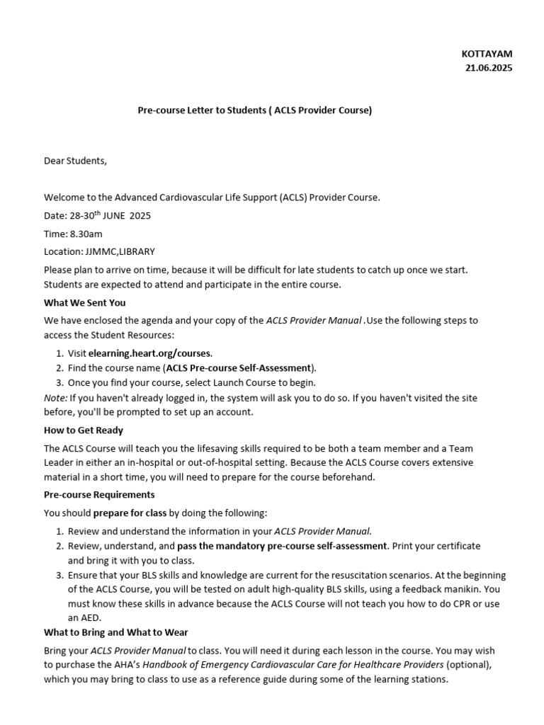 ACLS - Precourse Letter JJM | PDF | Health Care