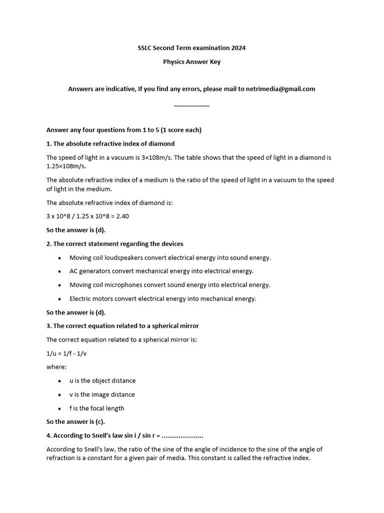 SSLC 2024 Physics Answer Key Guide | PDF | Electric Power Transmission ...