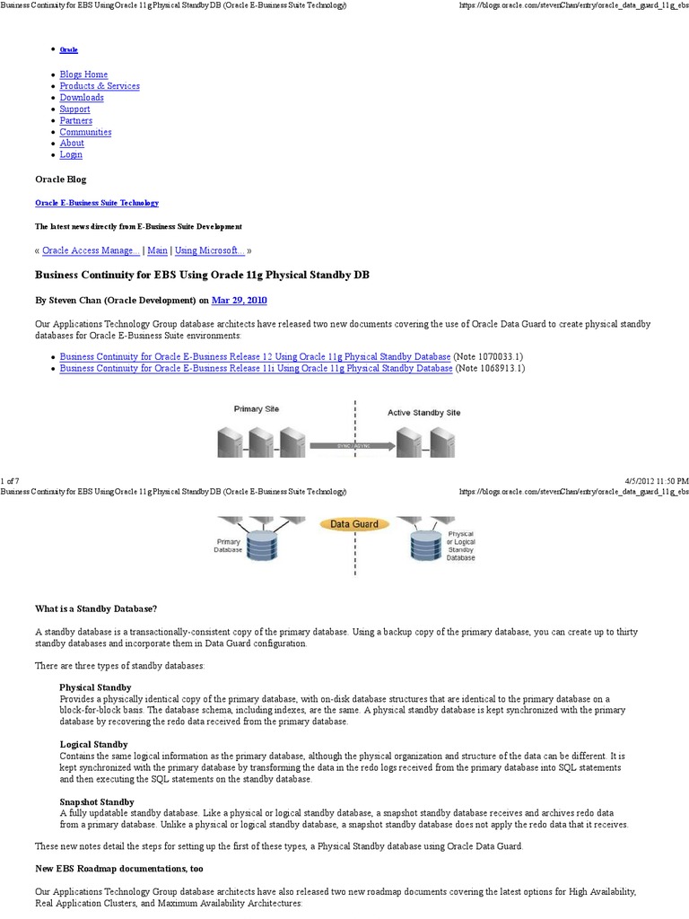 Business Continuity For Ebs Using Oracle 11g Physical Standby Db Oracle E Business Suite