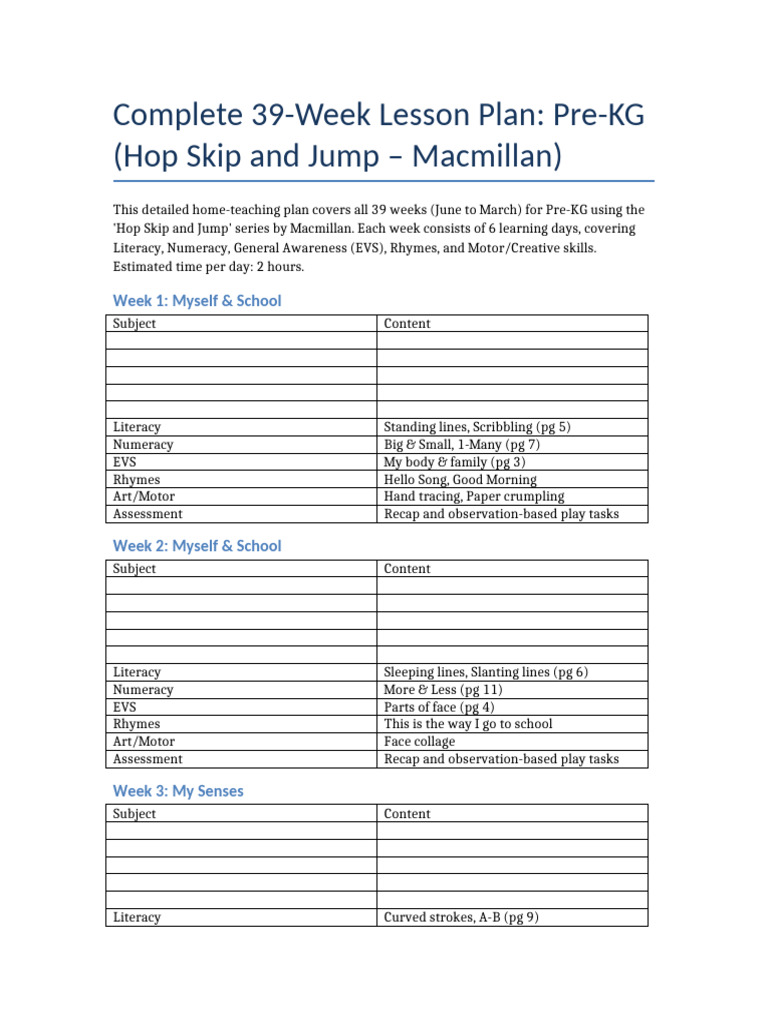 Detailed PreKG 39 Week Plan | PDF | Neuroscience | Cognition