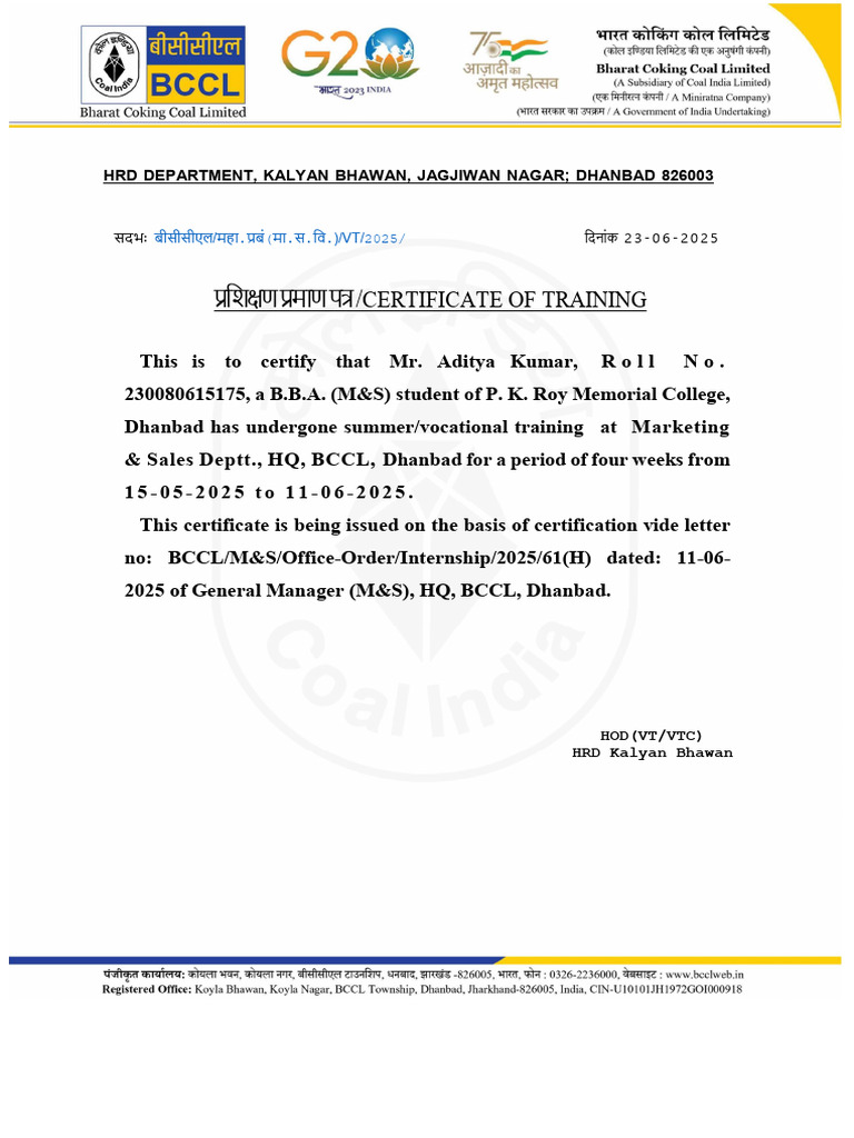 BCCL Internship Training Certificate | PDF