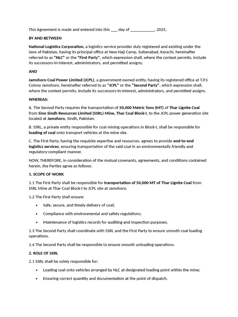 JCPL Draft Agreement | PDF | Transport