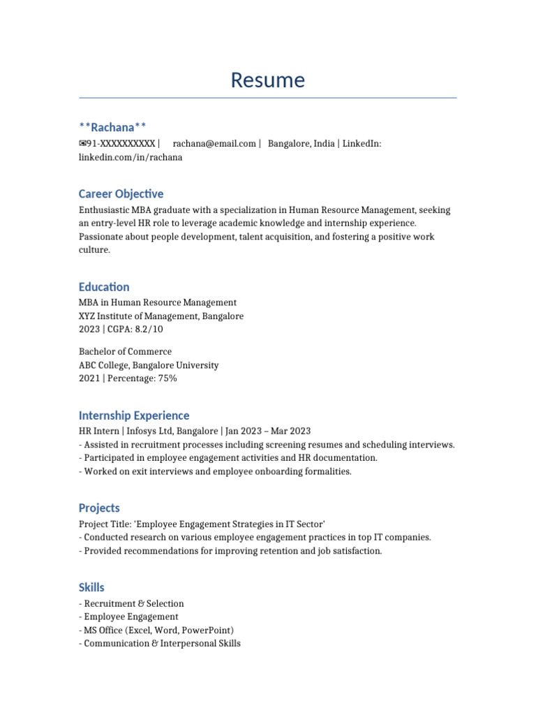 MBA HR Fresher Resume Rachana | PDF