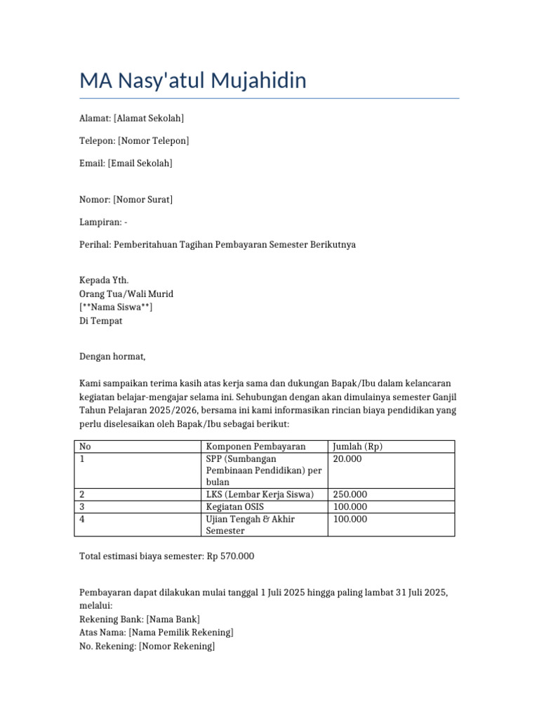 Surat Tagihan Semester MA Nasyatul Mujahidin | PDF