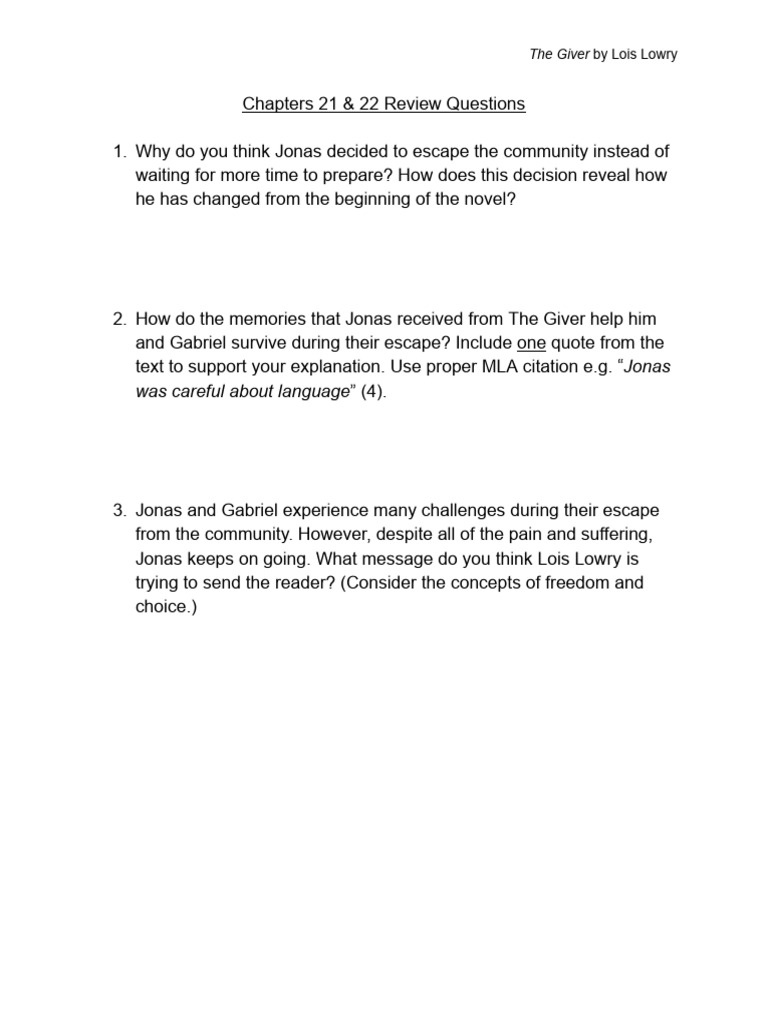 Chapters 21 & 22 Review (The Giver) | PDF