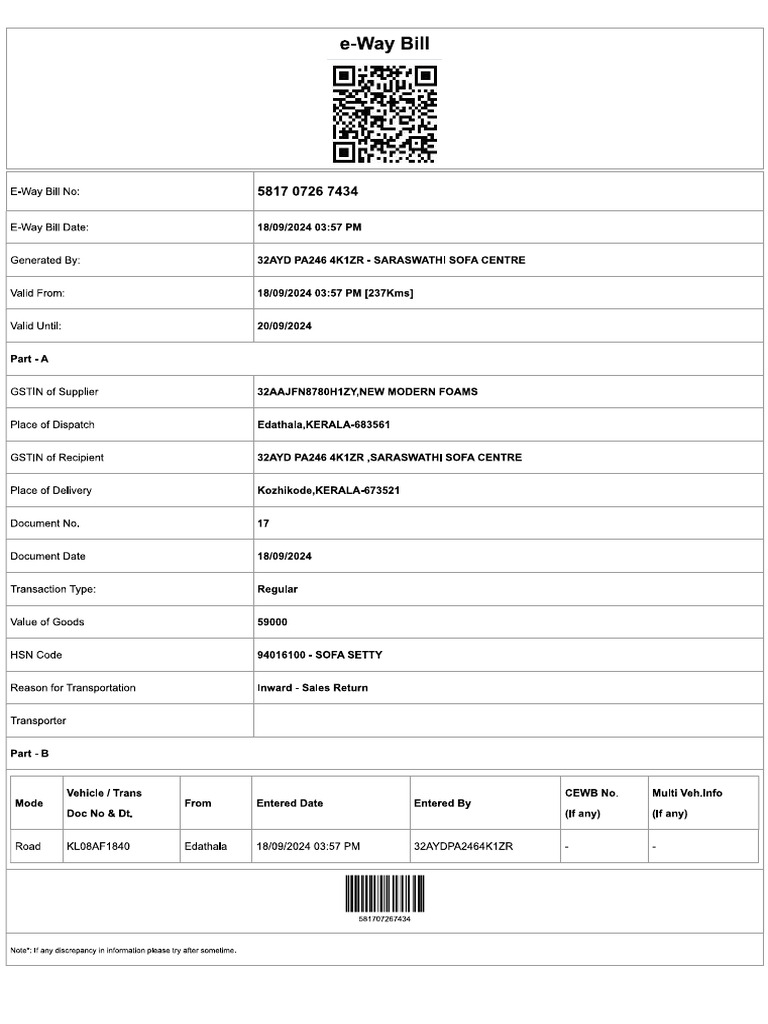 Sales Return e Way Bill No 17 | PDF