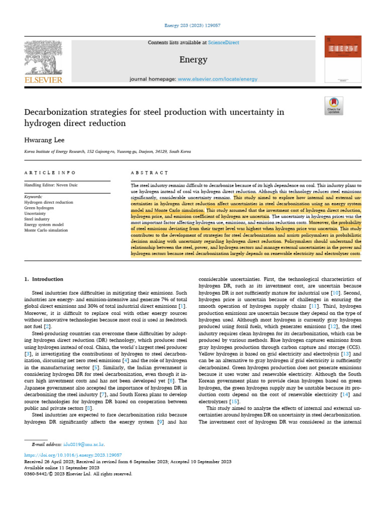 Decarbonization Strategies For Steel Production With Uncertainty in Hydrogen Direct Reduction ...